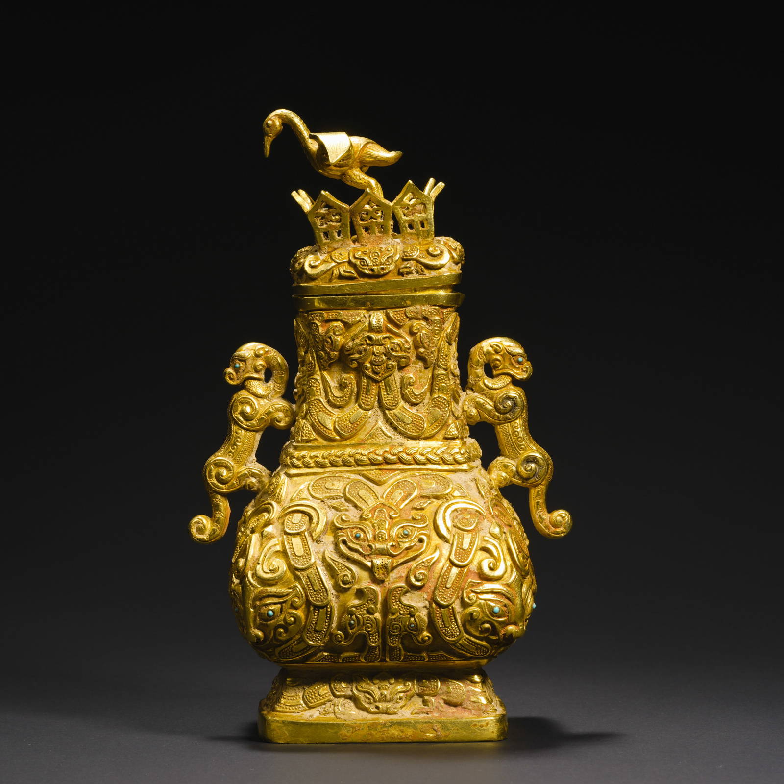 Pre-ming Dynasty Pure Gold Crane Button And Animal Ear Vase Auction