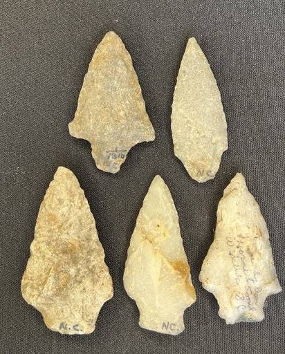 5 North Carolina Quartz Arrowheads Longest Point Is 2 3/4"