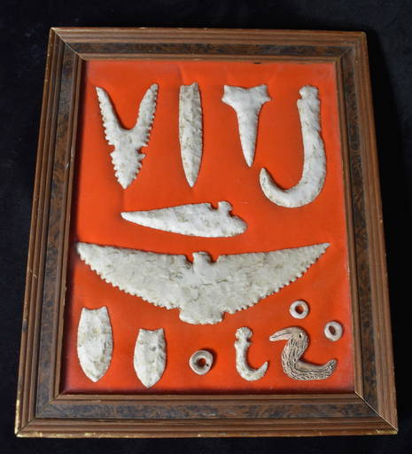 Frame of 9 Modern Arrowheads and Fish Hooks made by unknown knapper ...