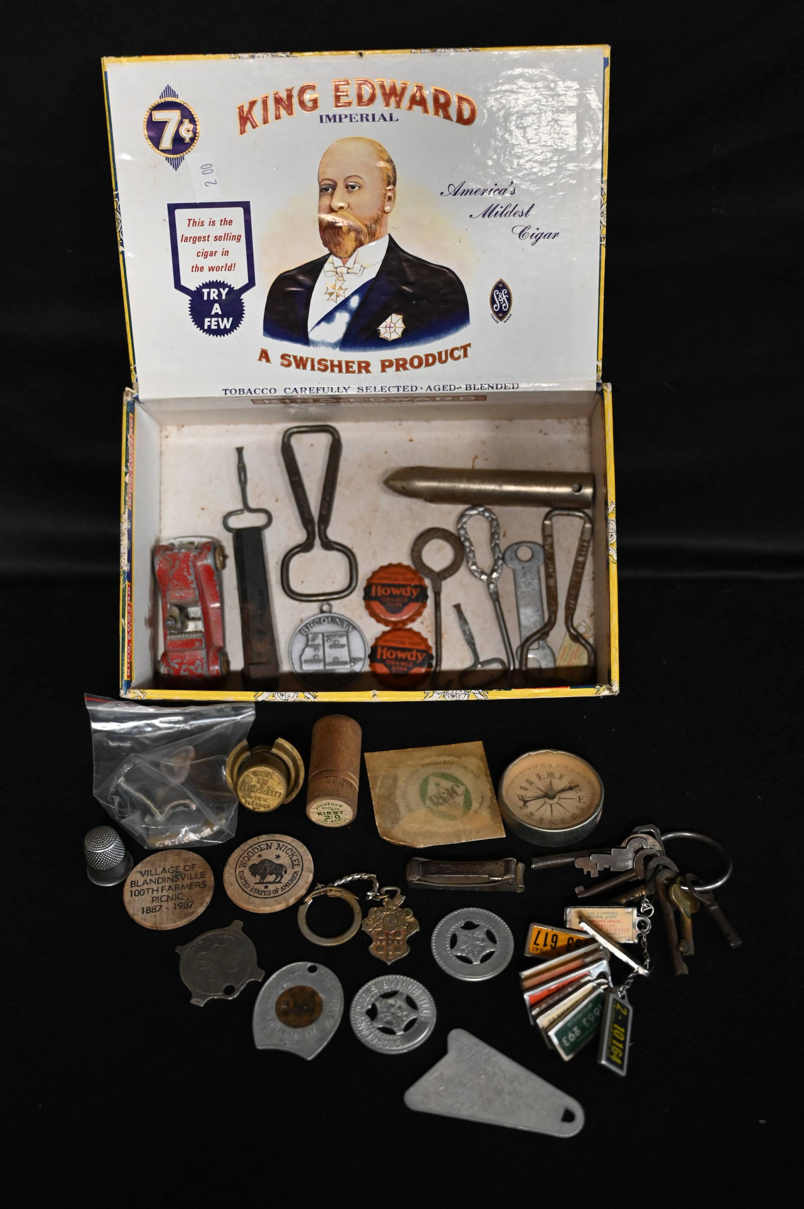 Group Of Vintage Advertisement Items In A King Edward Cigar Box ...