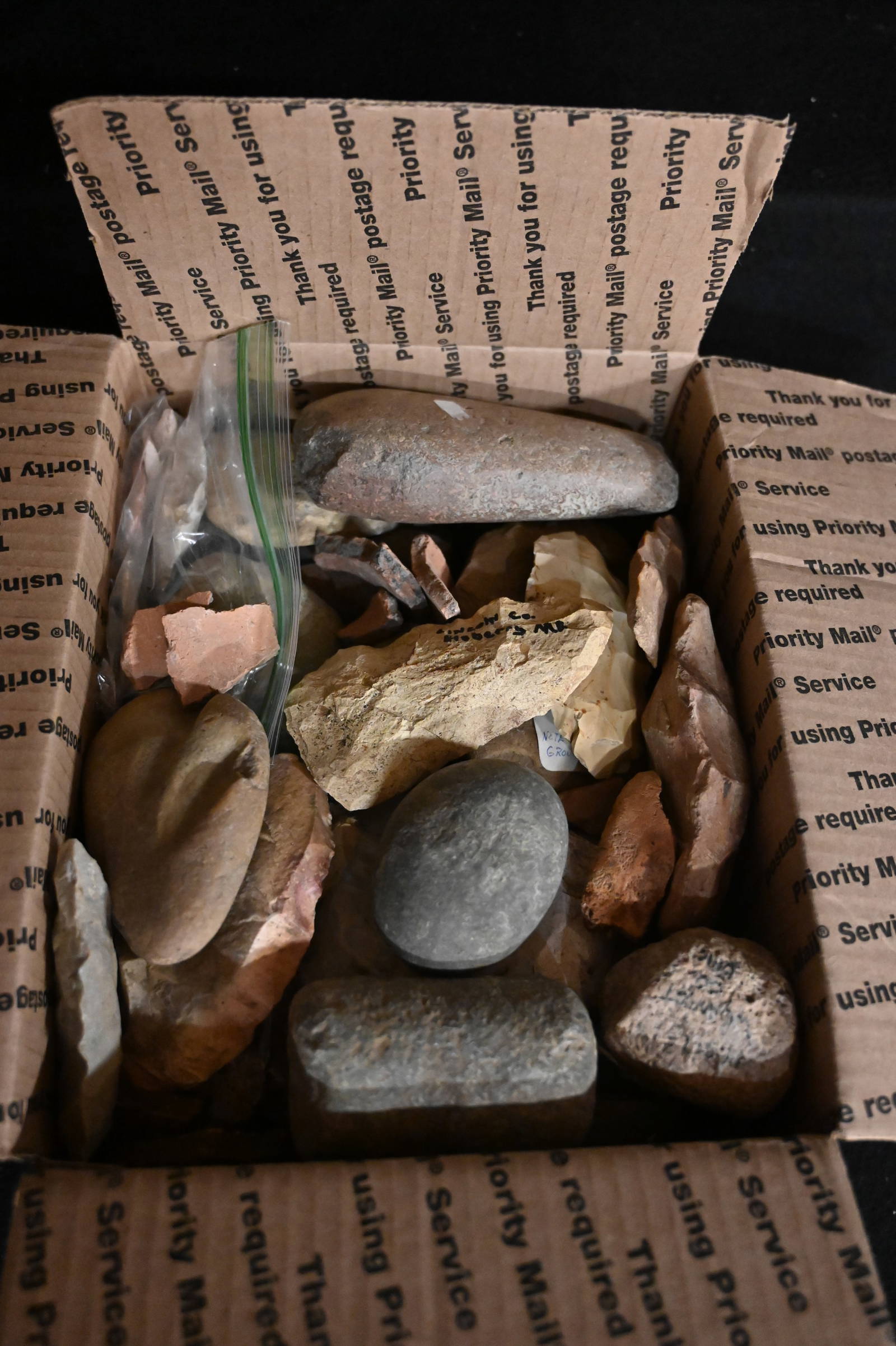 Box Full Of Flint Tools, Celts, Axes, Pottery Shards, And Arrowheads ...