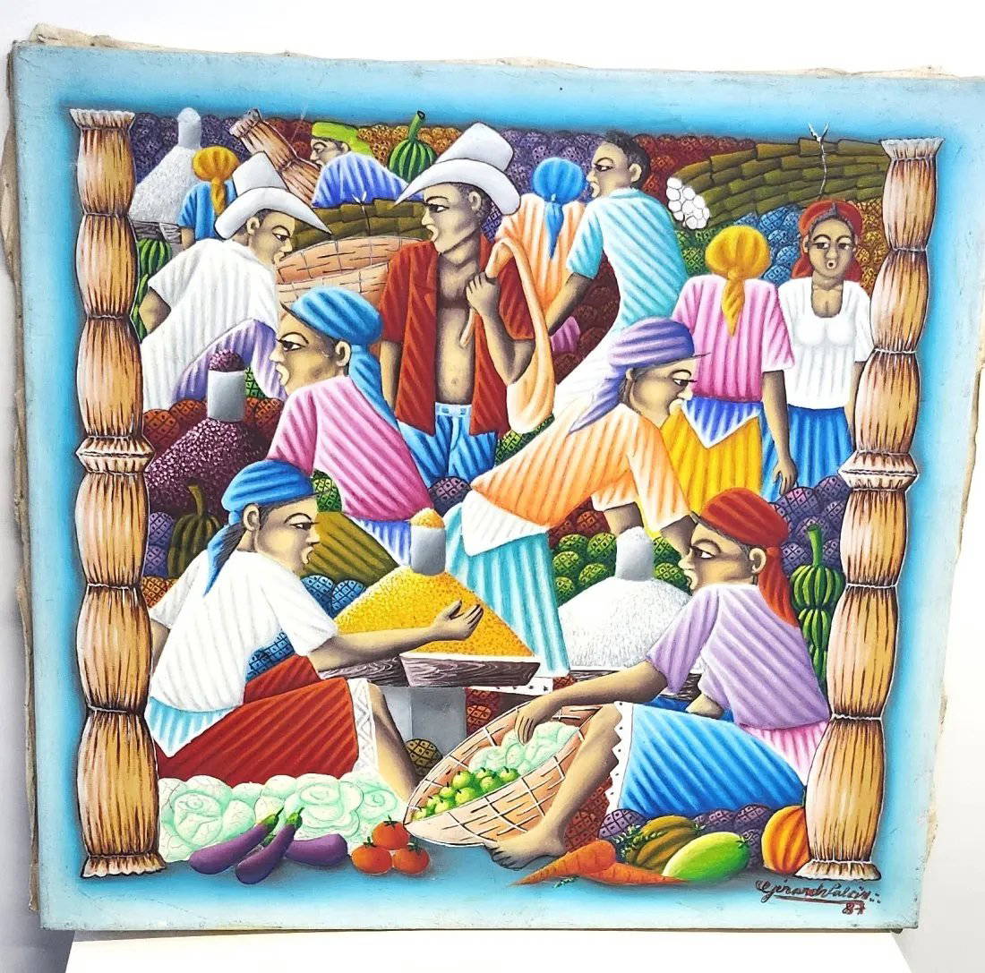 Gerard Valcin Haitian Folk Painting Oil On Board. Signed Auction
