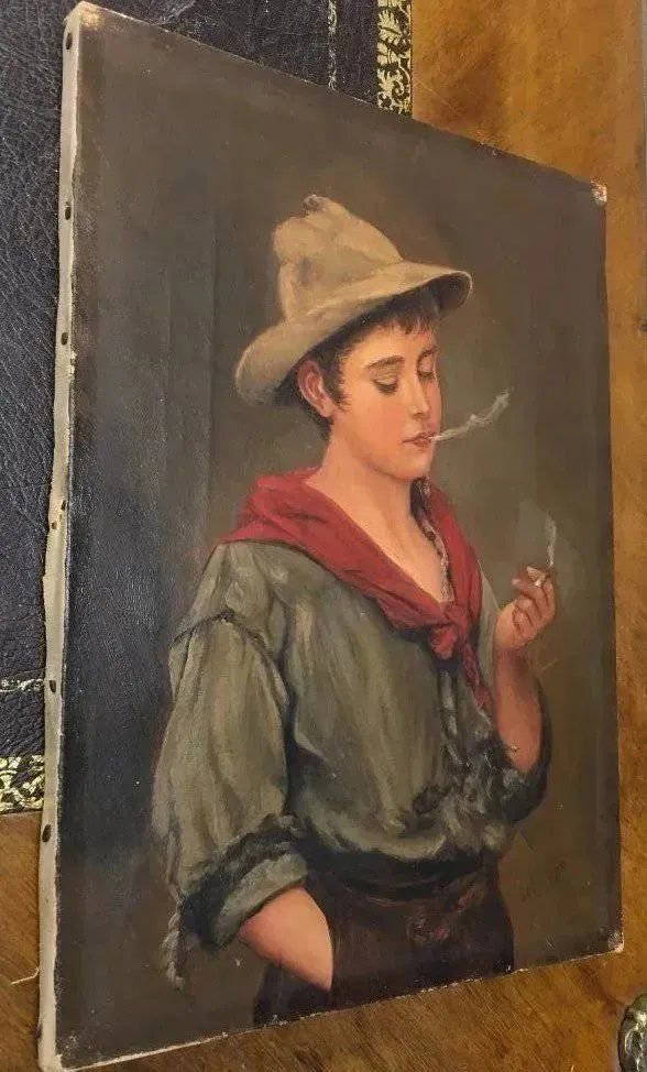 Painting Of Smoking Boy Oil On Canvas Signed H. Dorpe Auction