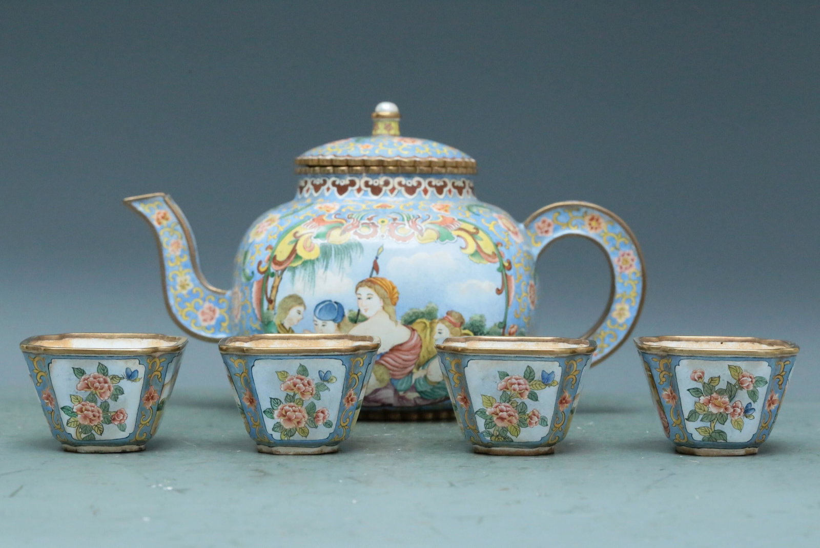 A Magnificent Bronze Enameled 'flower& Figure' Teapot And Four Teacups