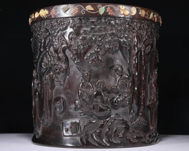 An Elaborate Zitanwood Gem Inlaid 'landscape& Figure' Brush Pot With ...