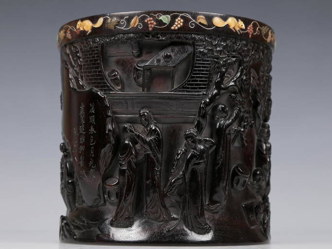 A Precious Zitanwood Gem Inlaid 'figure& Landscape' Brush Pot With Poem ...