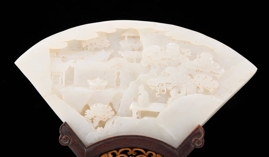 An Exquisite White Jade Fan Shaped Table Screen With Landscape Figures