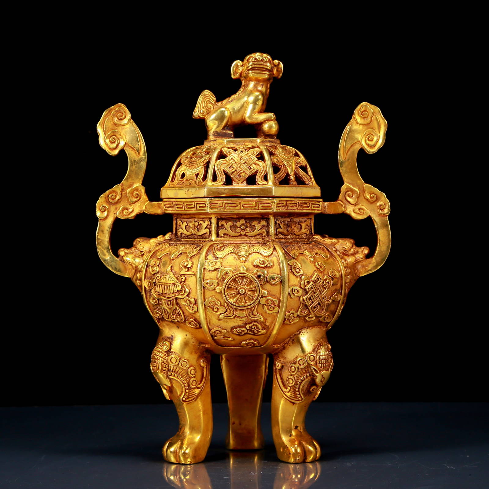 An Exquisite Gilt Bronze Eight Treasures Pattern Double-ears And Tripod ...