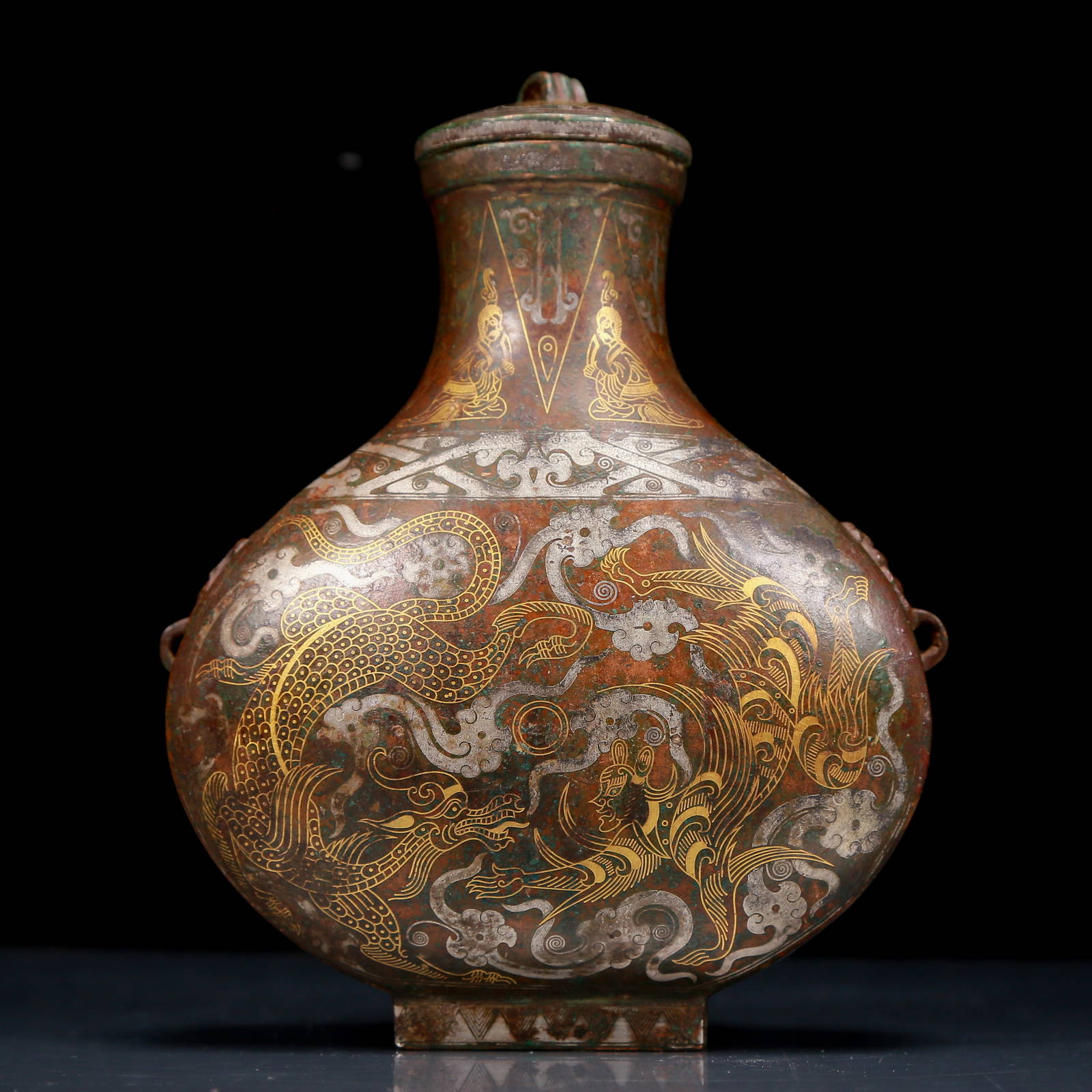 A Rare Bronze Inlaid Gold And Silver Dragon And Phoenix Pattern Bottle ...
