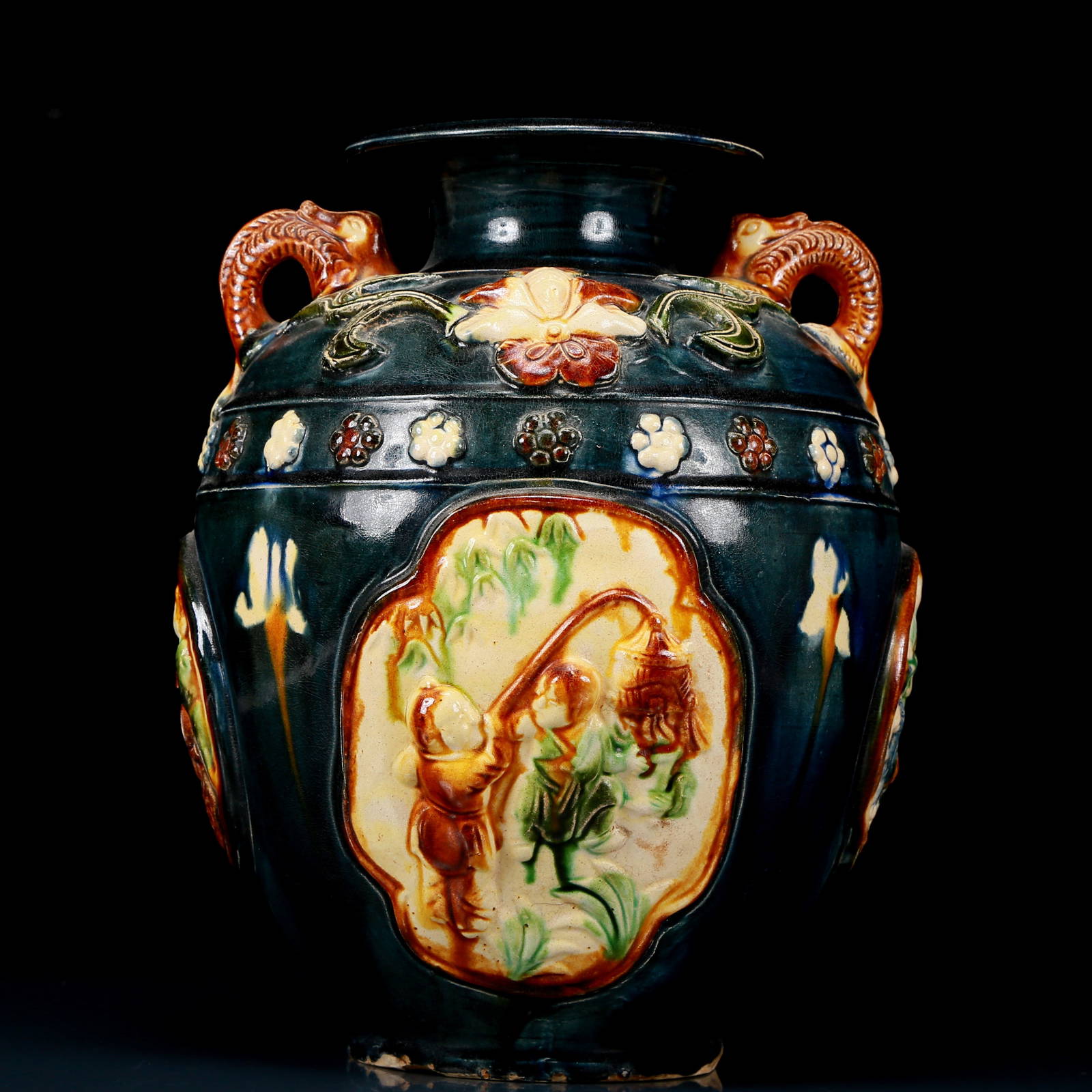 A Rare Tang Tri-color Glazed Pottery Character And Story Pattern Double ...