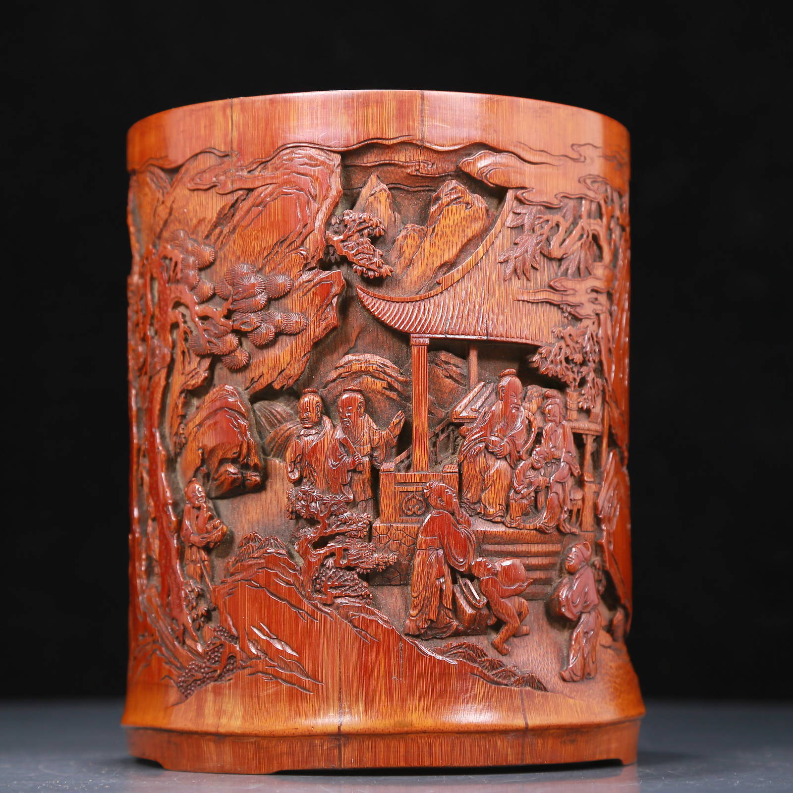 An Exquisite Bamboo Carving Character Story Picture Brush Pot Auction