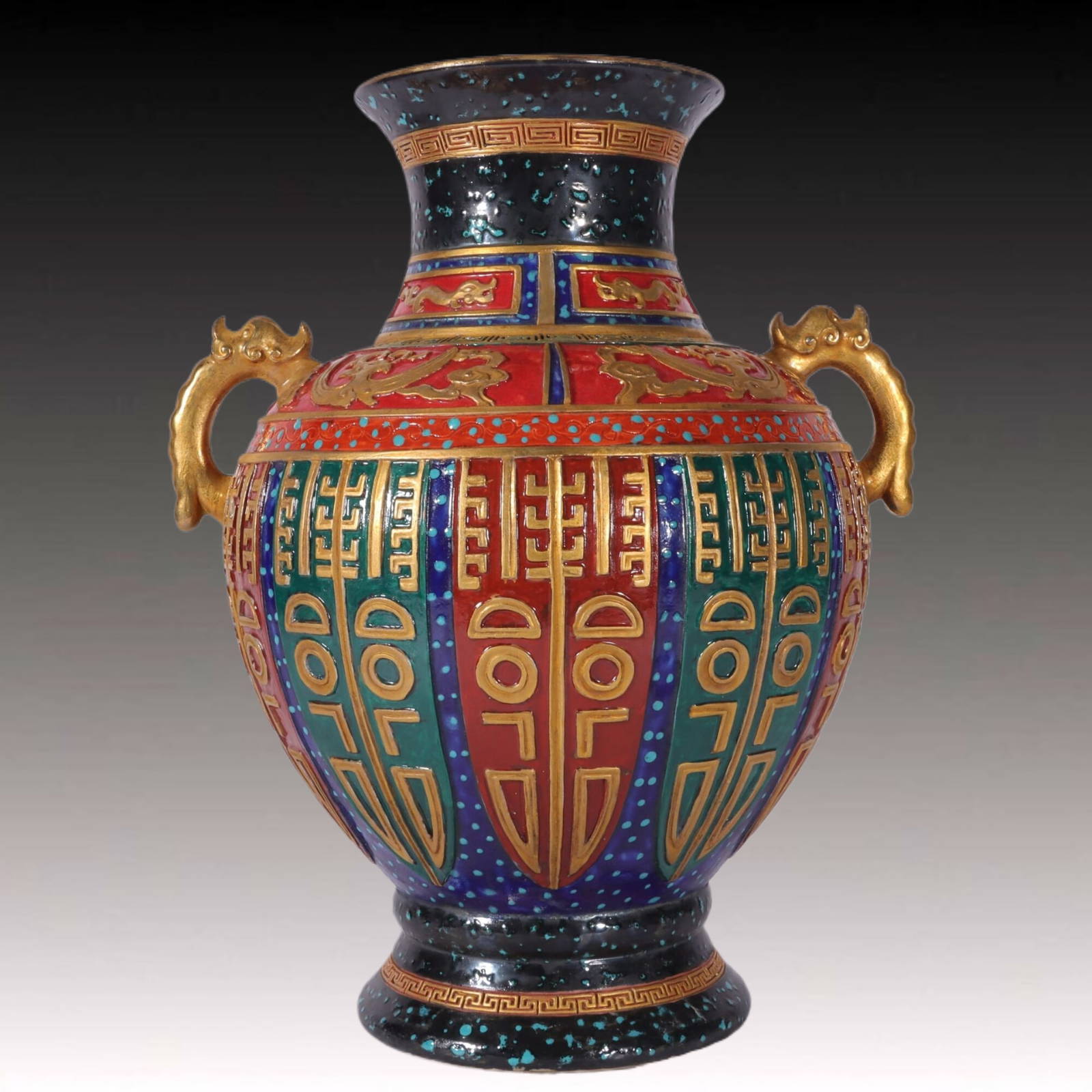 A Rare Gu'tong Cai Carved Painted Gold Double-ears Vase Auction