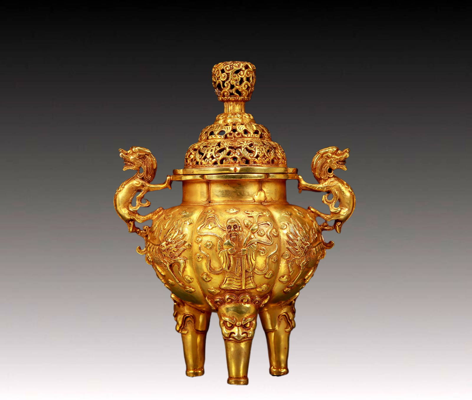 An Exquisite Gilt Bronze Kylin Pattern Double-ears And Tripod Censer ...