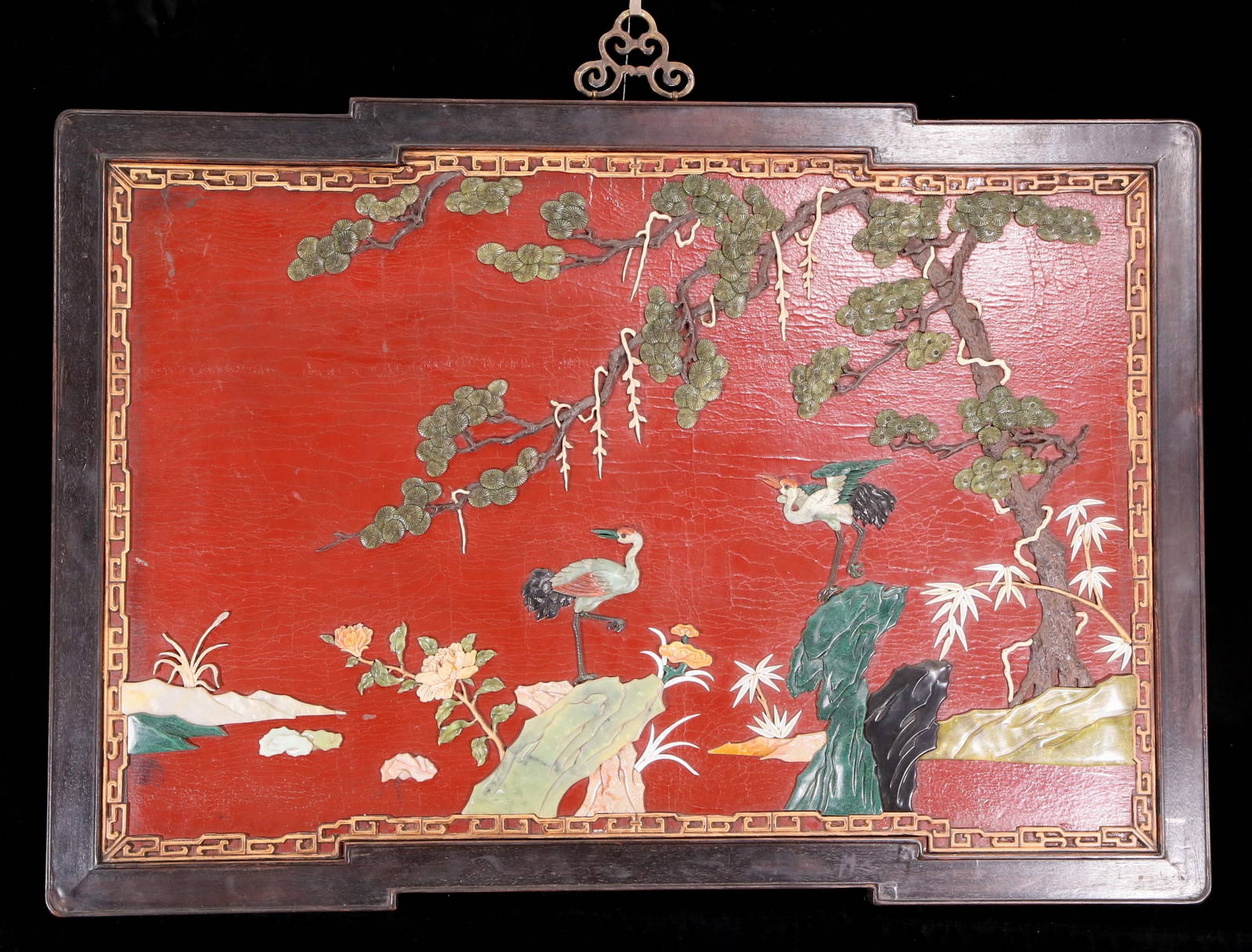 An Exquisite Zitanwood Painted Lacquered Hanging Screen With A Pine And Crane Pattern Inlaid ...