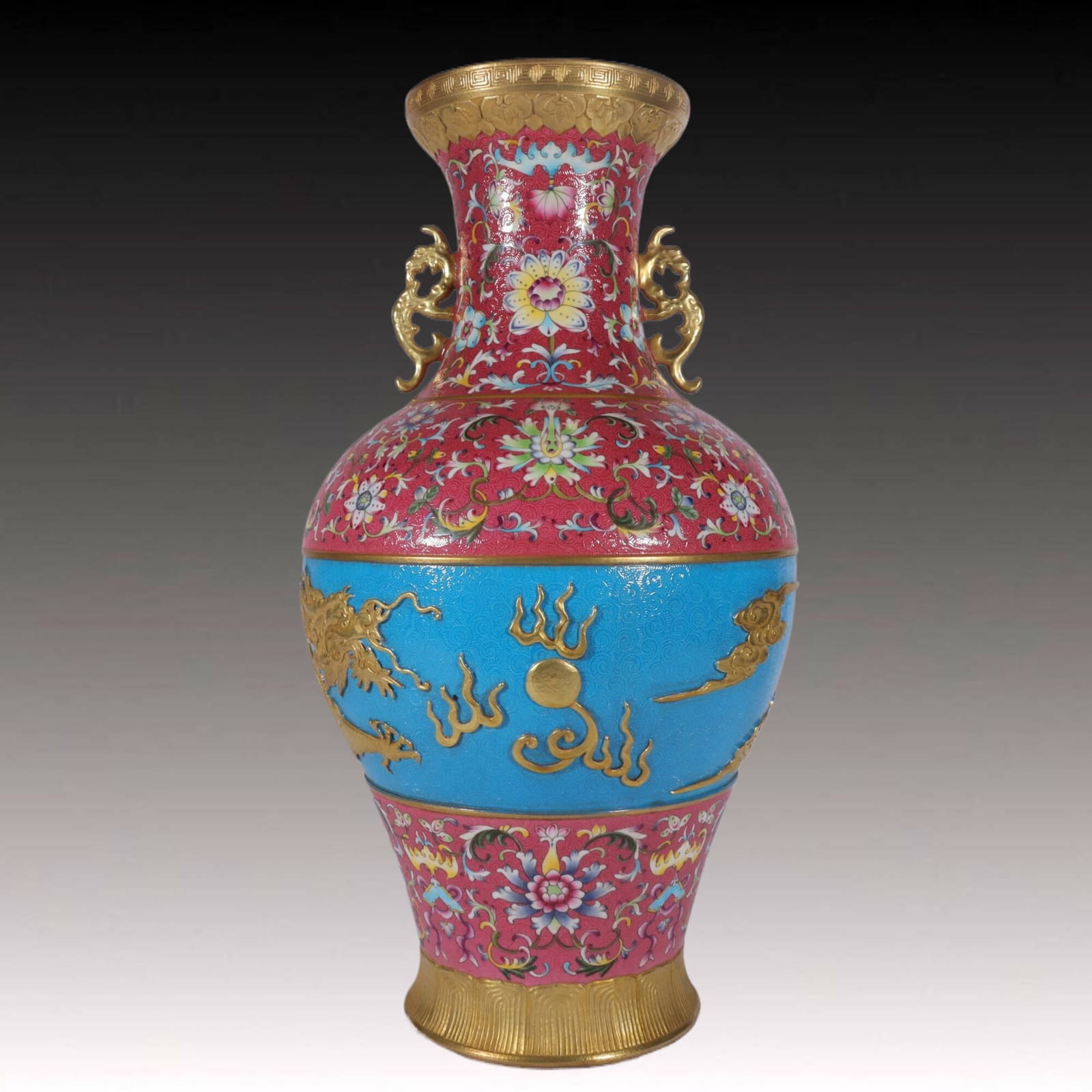 A Huge Famille-rose Ruby Red-glazed Dragon Pattern Double-ears Vase Auction