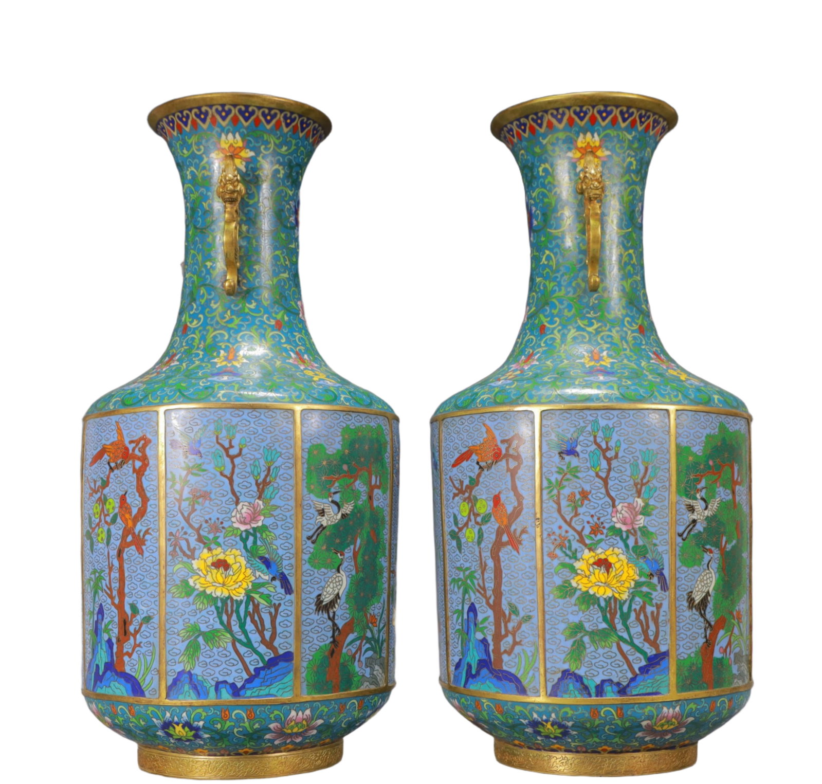 A Pair Of Huge Cloisonne Flower And Bird Pattern Double-ears Vases Auction