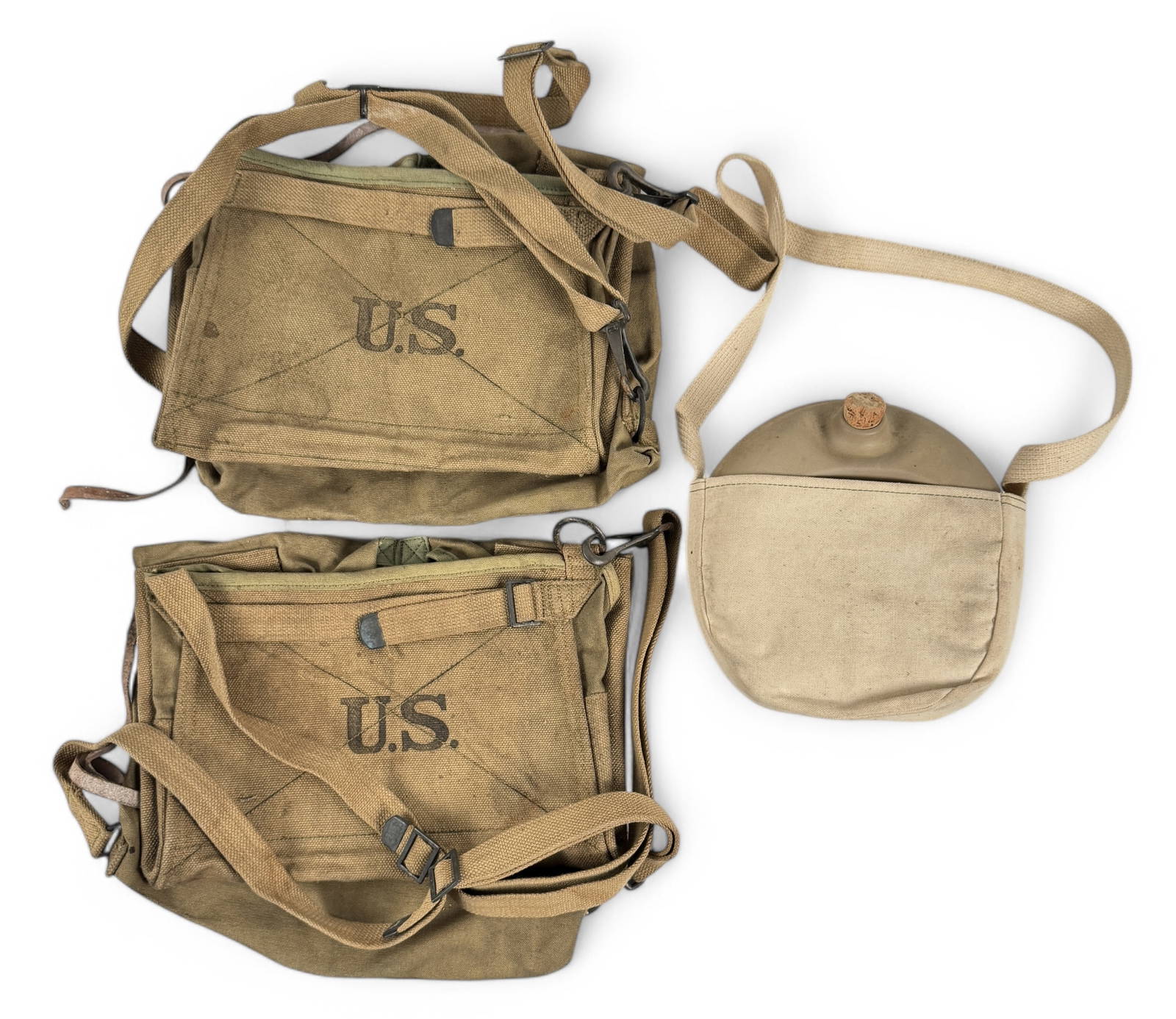 Wwii Ceramic Canteen & (2) Canvas Bags Auction