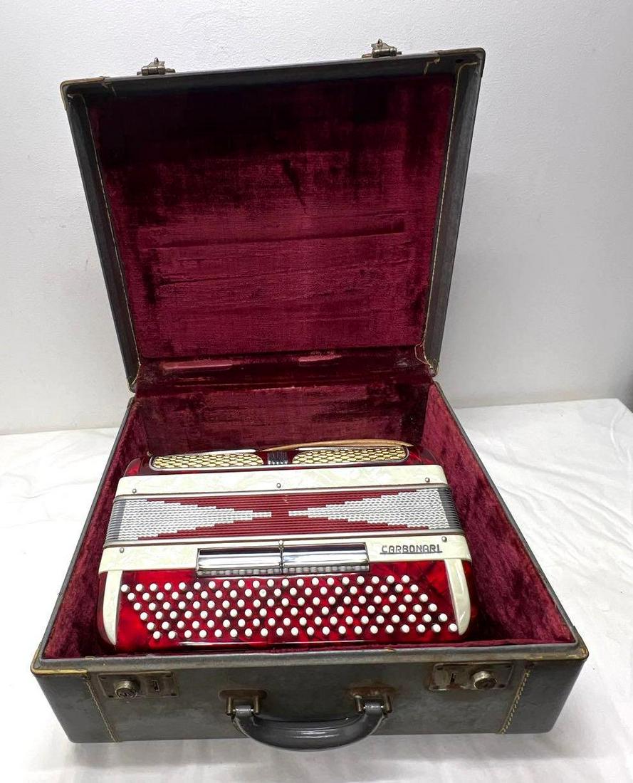 Carbonari Accordion Red White Gold In Period Leather Case Auction