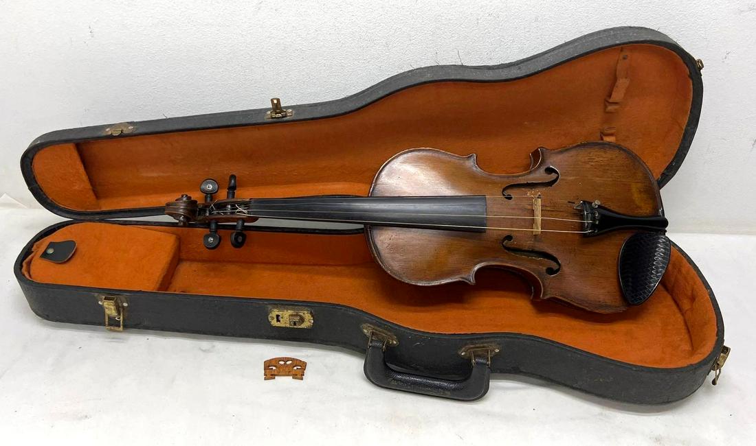 Violin In Hard Case With Stradivarius Label Older Instrument Auction