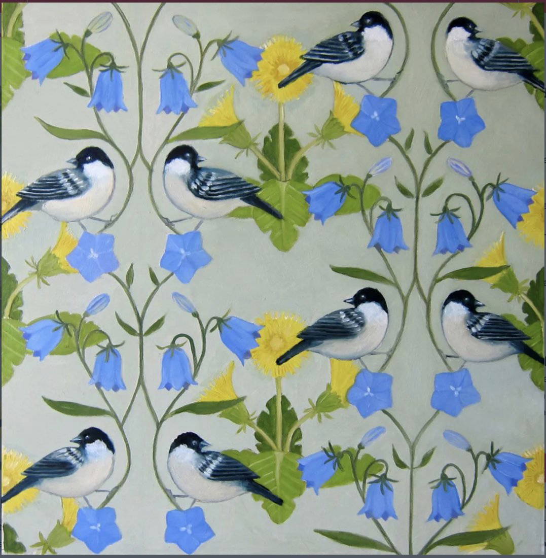 Coal Tits, Harebells And Dandelions By Sophie Colmer-stocker, Oil ...