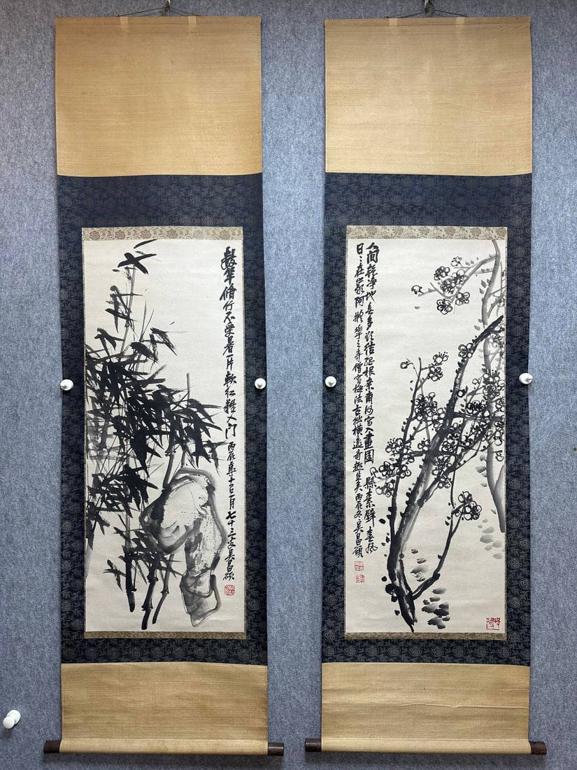 A Pair Of Vertical Scrolls Of Chinese Ink Plum And Bamboo Paintings By ...