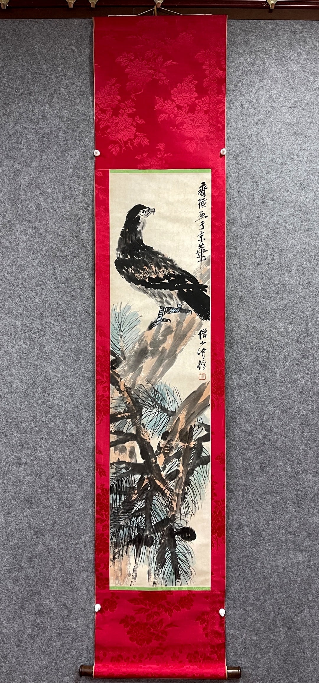 A Chinese Vertical Scroll Ink Painting Of Eagle And Pine On Paper,qi ...