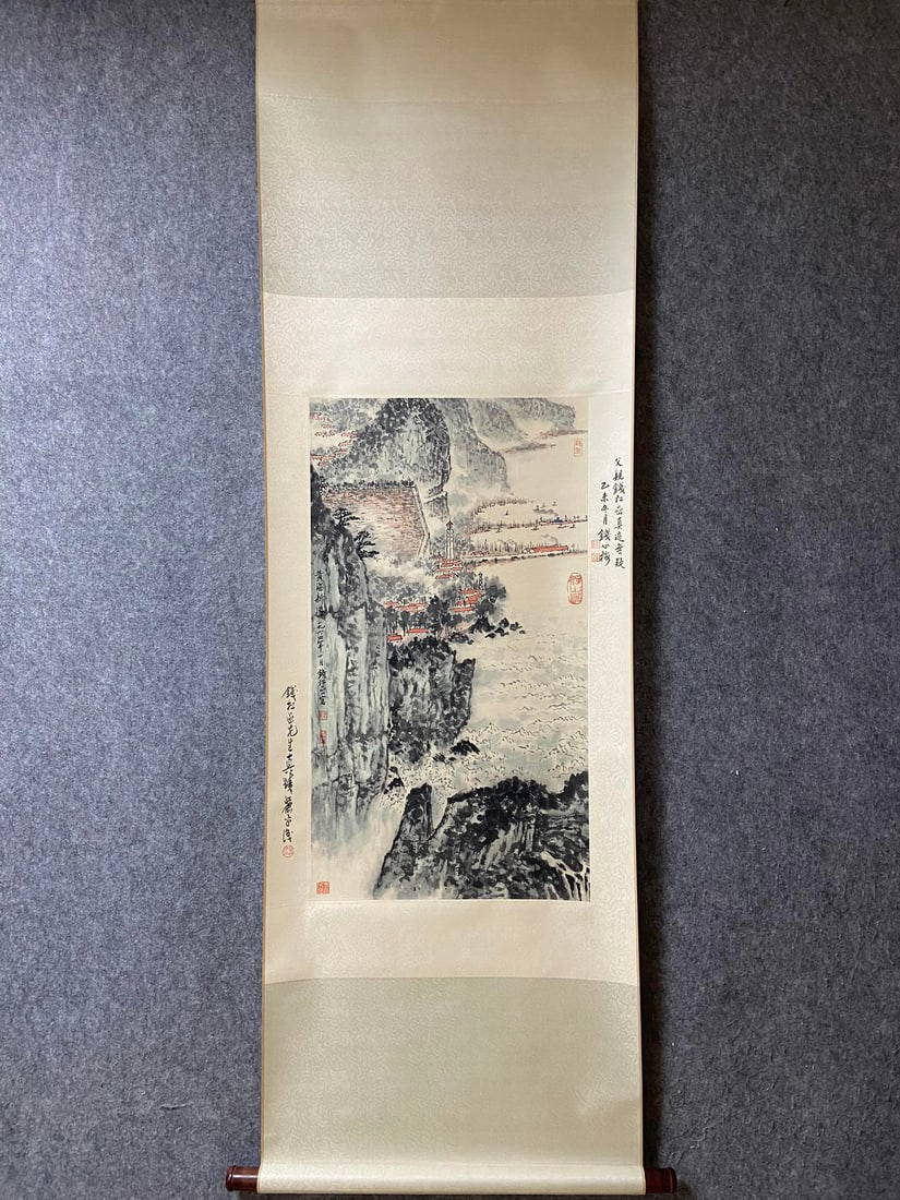 An Exquisite Chinese Vertical Scroll Ink Painting Of Landscape On Pape ...
