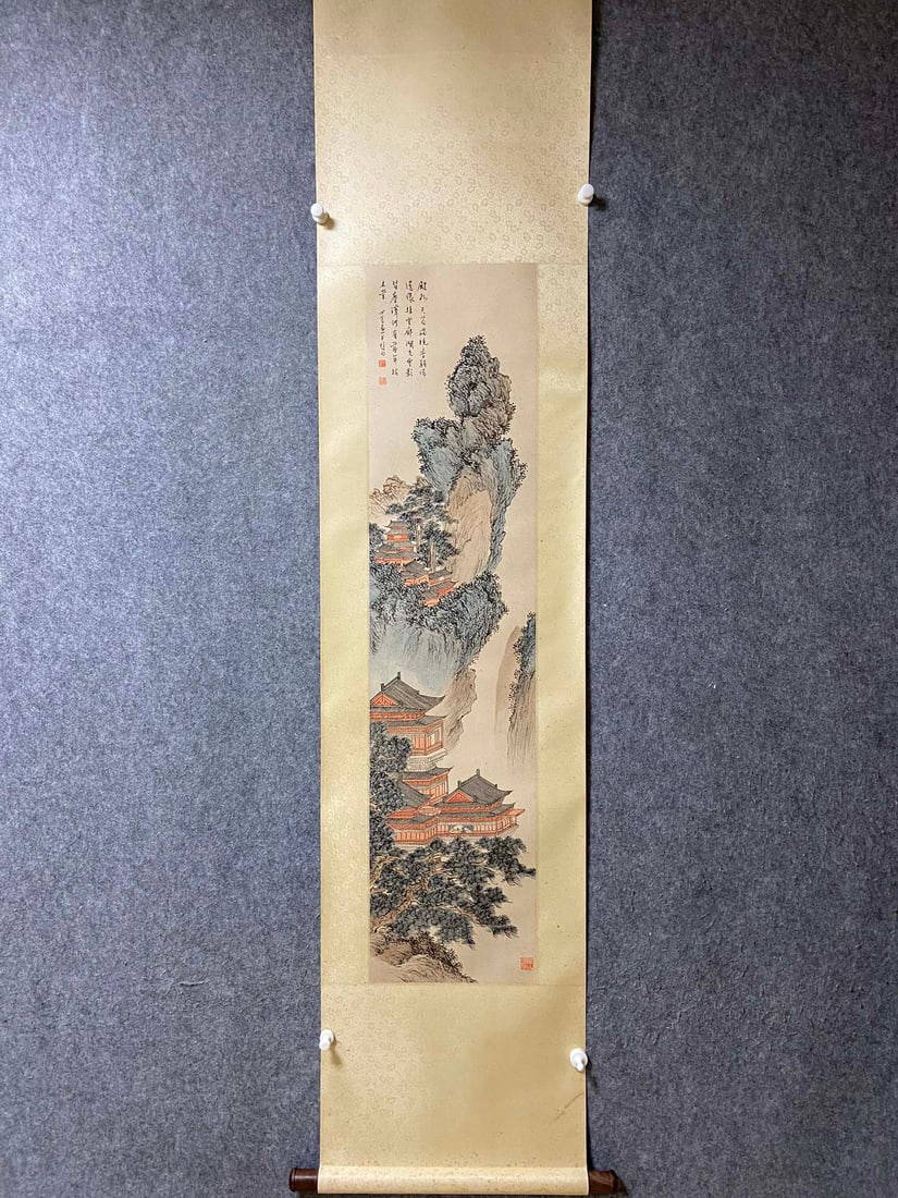 An Exquisite Chinese Vertical Scroll Ink Painting Of Landscape On Pape ...