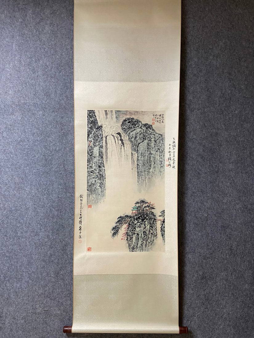 An Exquisite Chinese Vertical Scroll Ink Painting Of Landscape On Pape ...