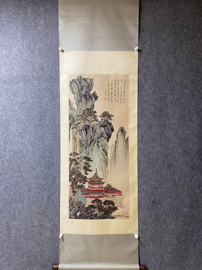 An Exquisite Chinese Vertical Scroll Ink Painting Of Landscape On Pape ...