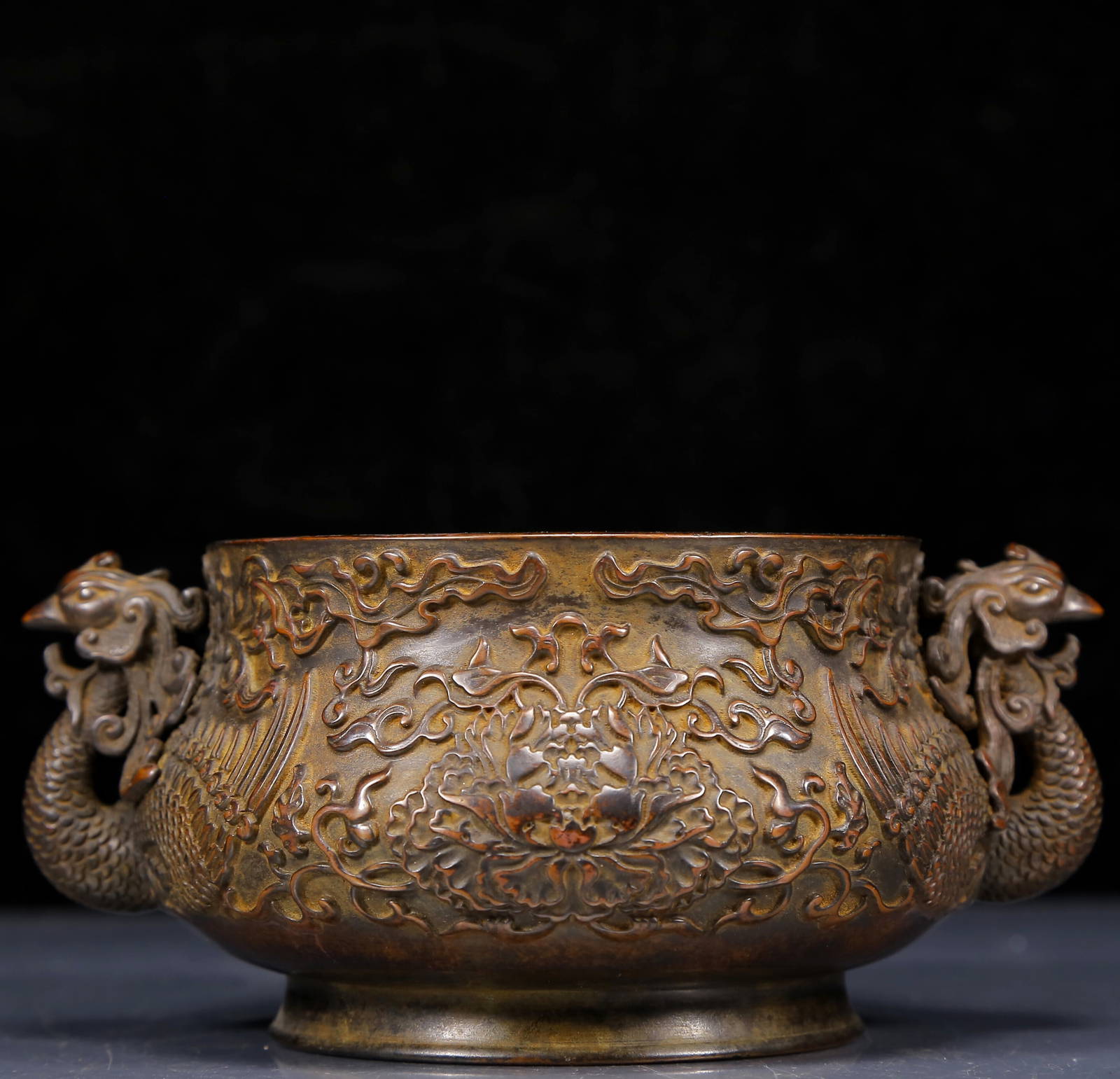 A Rare Bronze Flower Pattern Phoenix-ears Censer Auction