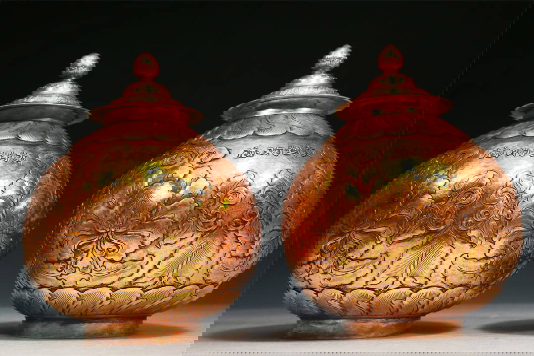 A Brilliant Pair Of Gilt-bronze 'scrolling Lotus' Jars With ...