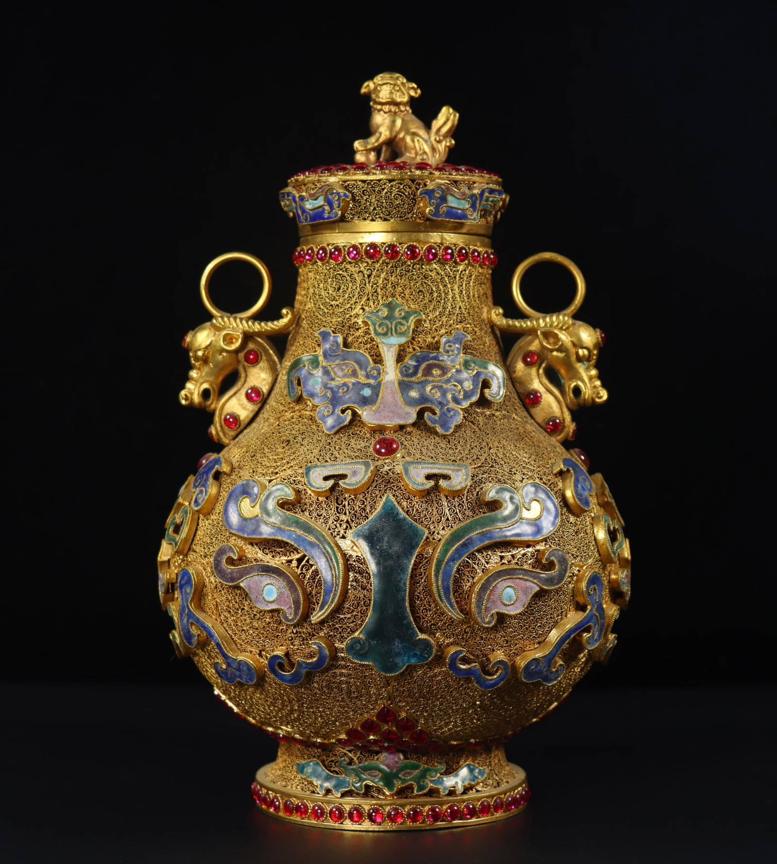 A Exquisite Gilt Bronze Inlaid Gems Beast-face Pattern Double-ears Jar ...