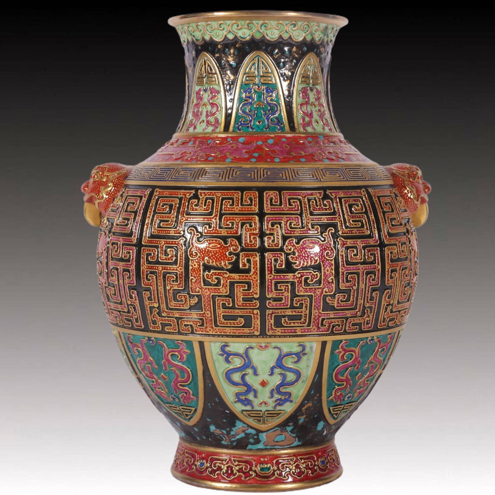 An Exquisite Gu'tong Cai Painted Gold Dragon Pattern Lion-ears Vase Auction