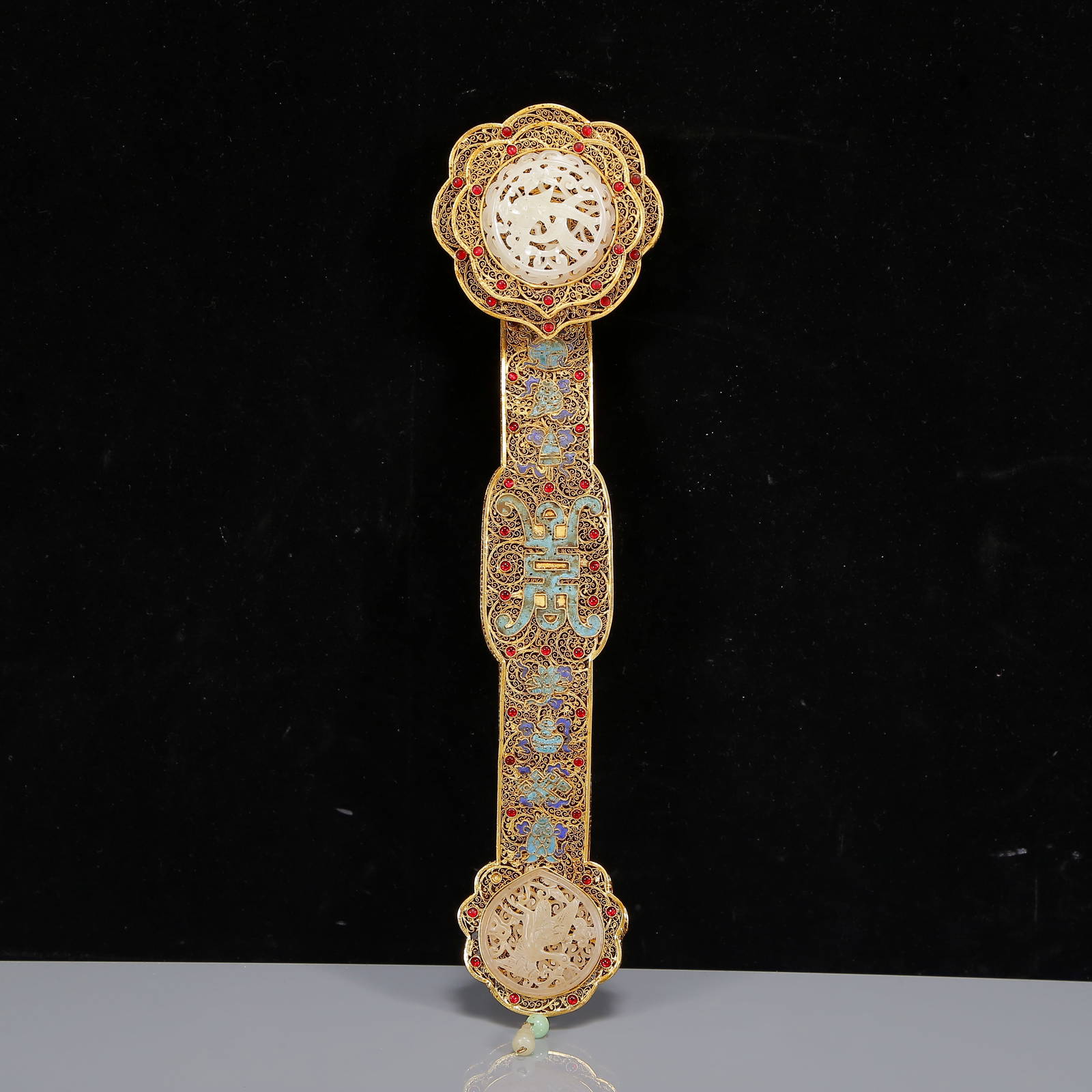 A Rare Gilt Inlaid White Jade Eight Treasures Pattern Ruyi,inlaid Gems ...