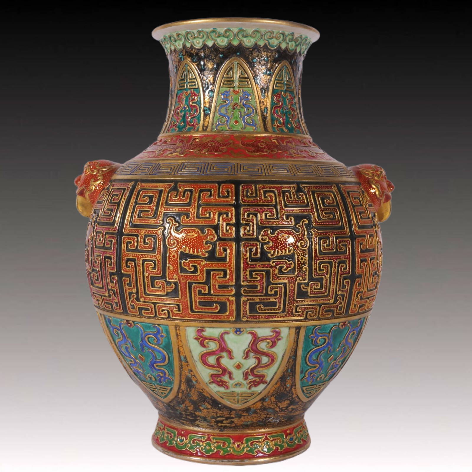 An Exquisite Gu'tong Cai Carved Painted Gold Dragon Pattern Lion-ears ...