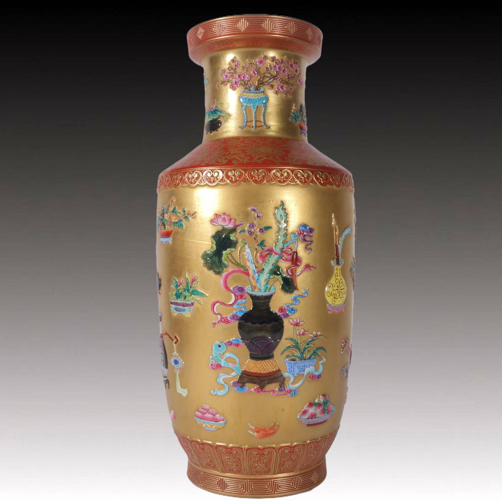 An Exquisite Enamel Gold Ground Carved Eight Treasures Pattern Vase Auction