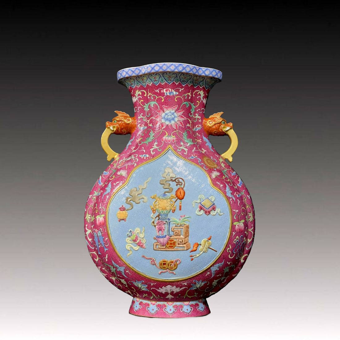 A Huge Ruby Red-glazed Painted Gold Eight Treasures Pattern Double-ears ...