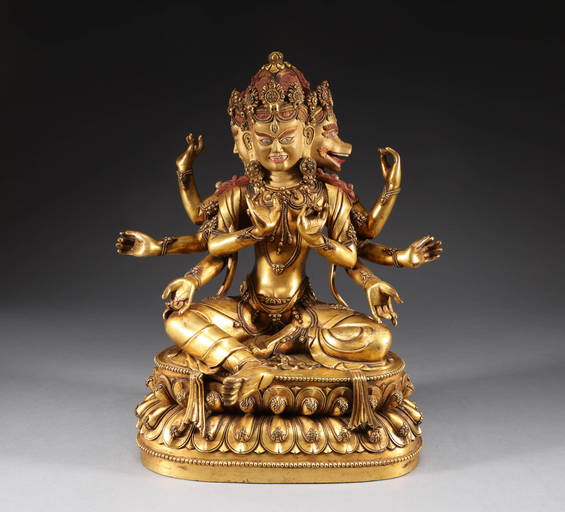 Bronze Gilded Buddha Statues With Three Heads And Six Arms In Ming Dynasty