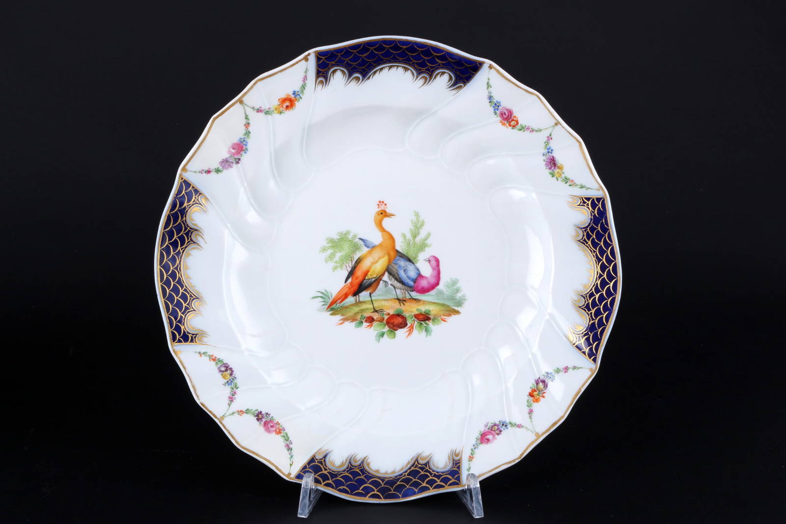 Meissen Birds With Royal Blue Scales Plate, Knob Mark, Teller, Auction
