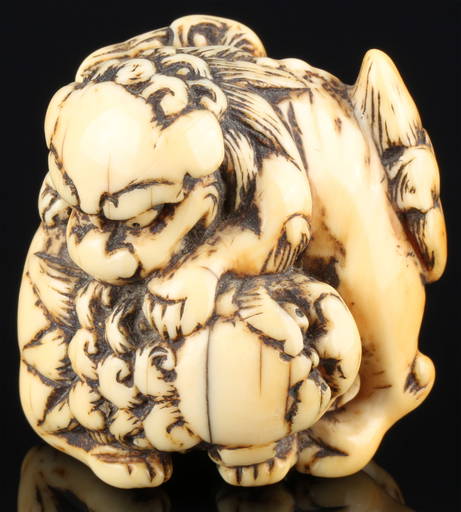 Japan 18th Century, Ivory Katabori Netsuke Shishi Pair, Edo Period,