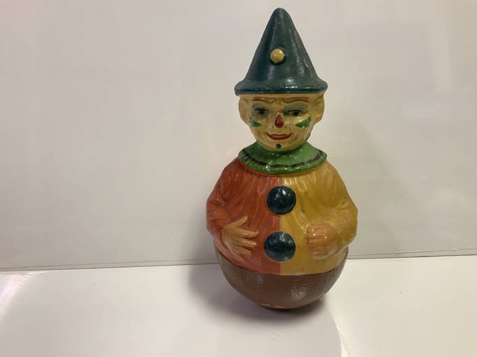 Antique Paper Mache Rolly Polly Wobble Clown Toy C1900