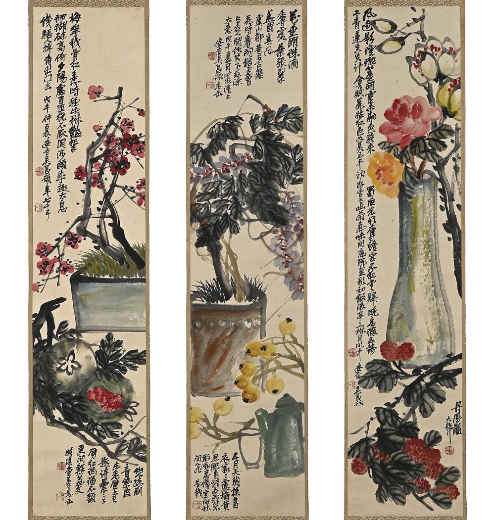 A CHINESE OLD PAPER THREE PIECES PAINTED, WU CHANG SHUO, WITH OLD BOX ...