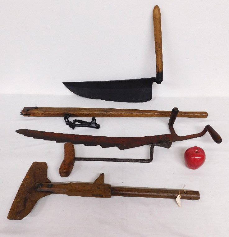 Misc. Antique Hand Tools, Hay Saw, Shingle Cutter, Barb Wire Stretcher ...