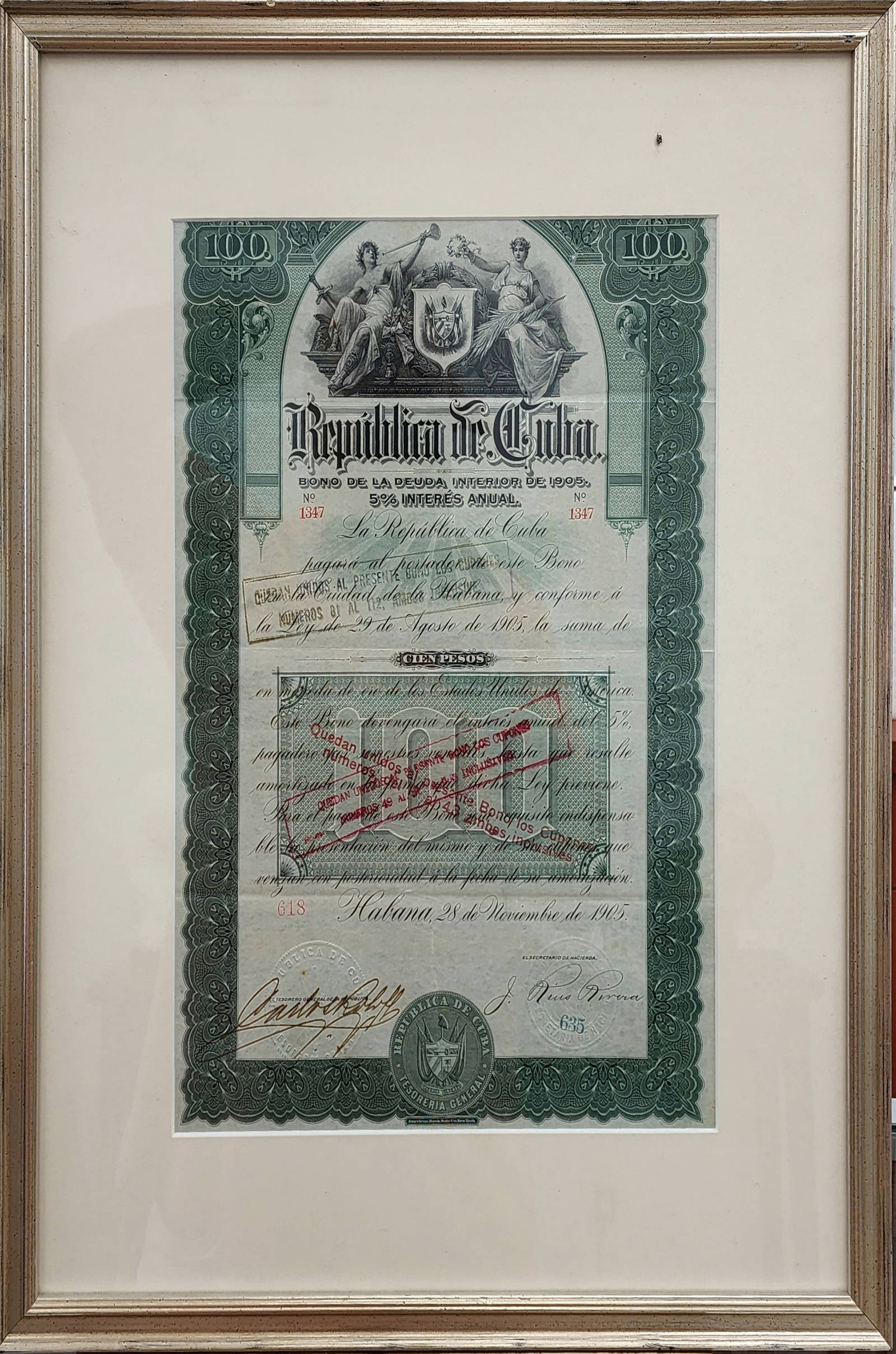 Republica De Cuba - Bono De La Deuda Interior De 1905 Auction