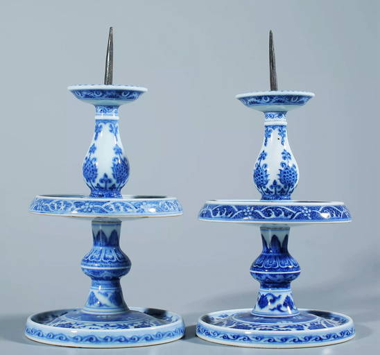 A Pair Of Chinese Blue And White Candlesticks