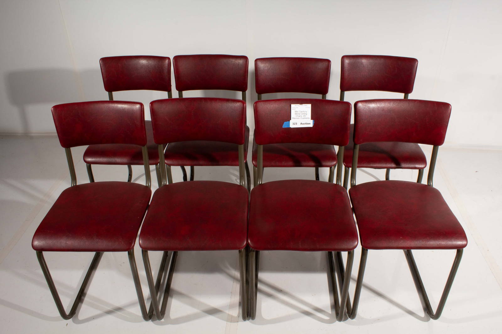 Set Of 8 Mid Century Metal Dining Chairs W/ Maroon Cushions Auction