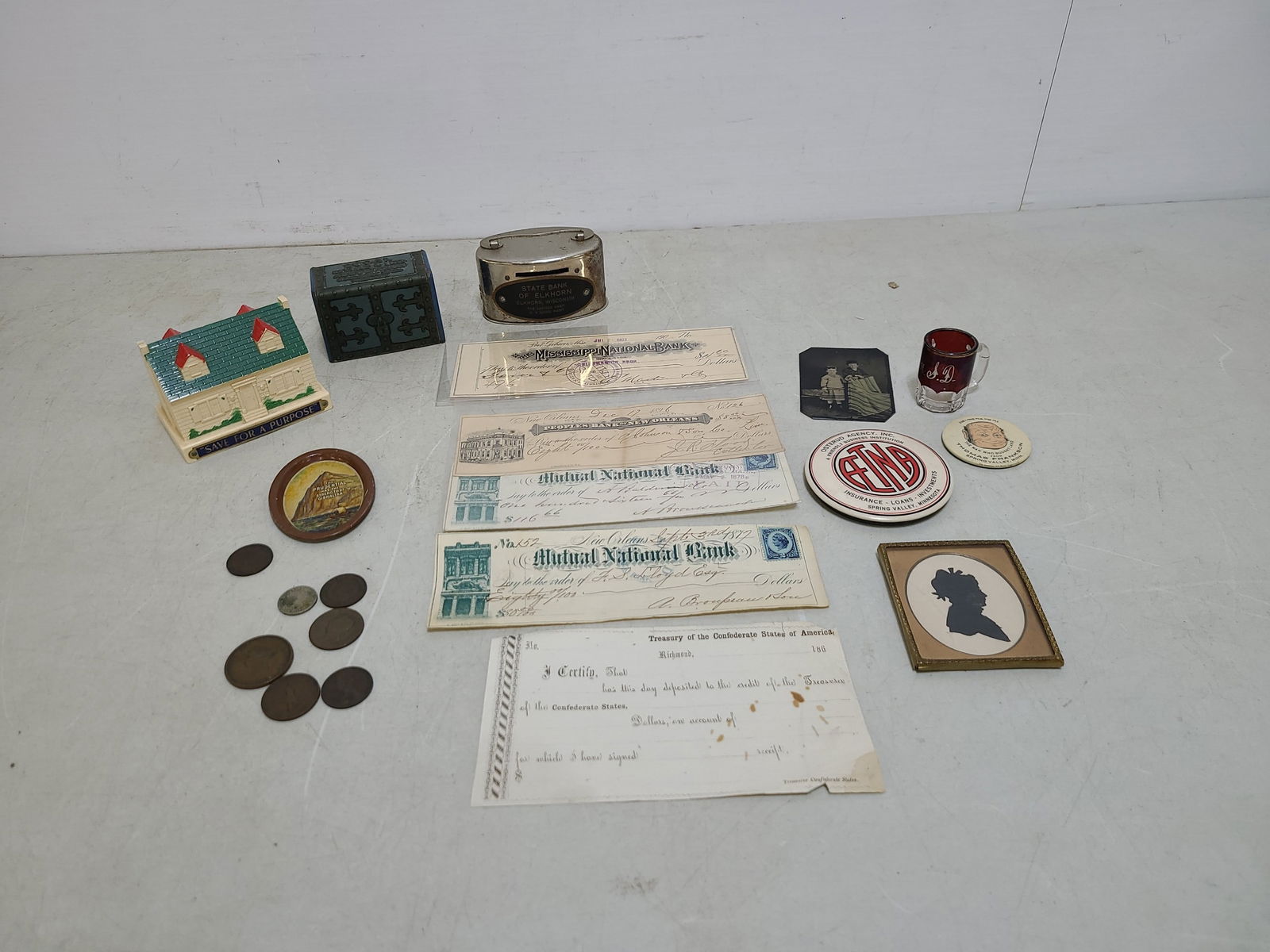Vintage Banks, 1800s Checks, Confederate Note & More Auction