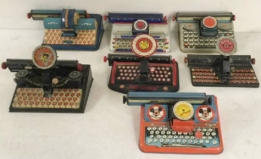 (7) Old Tin Litho Toy Typewriters Incl.. Marx, And A