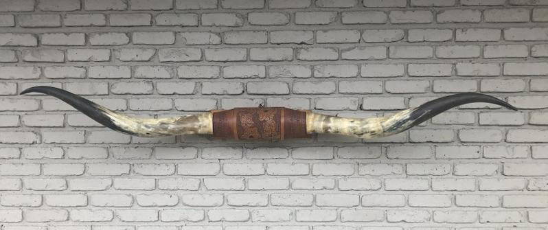 82" Long Steer Horns With Custom Tooled Leather Center,